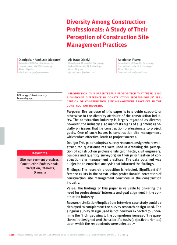 (PDF) Diversity Among Construction Professionals: A Study of Their ...