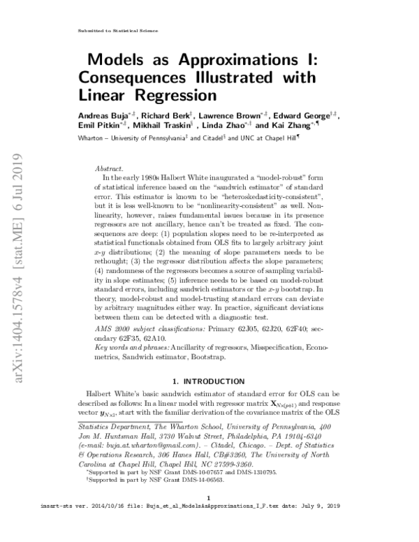 (PDF) Models as Approximations I: Consequences Illustrated with Linear Regression