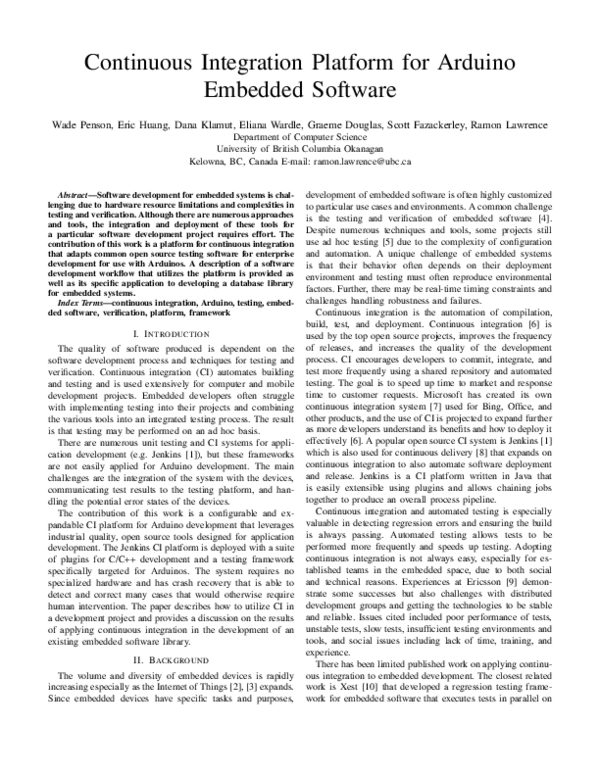 (PDF) Continuous integration platform for Arduino embedded software | Scott Fazackerley ...