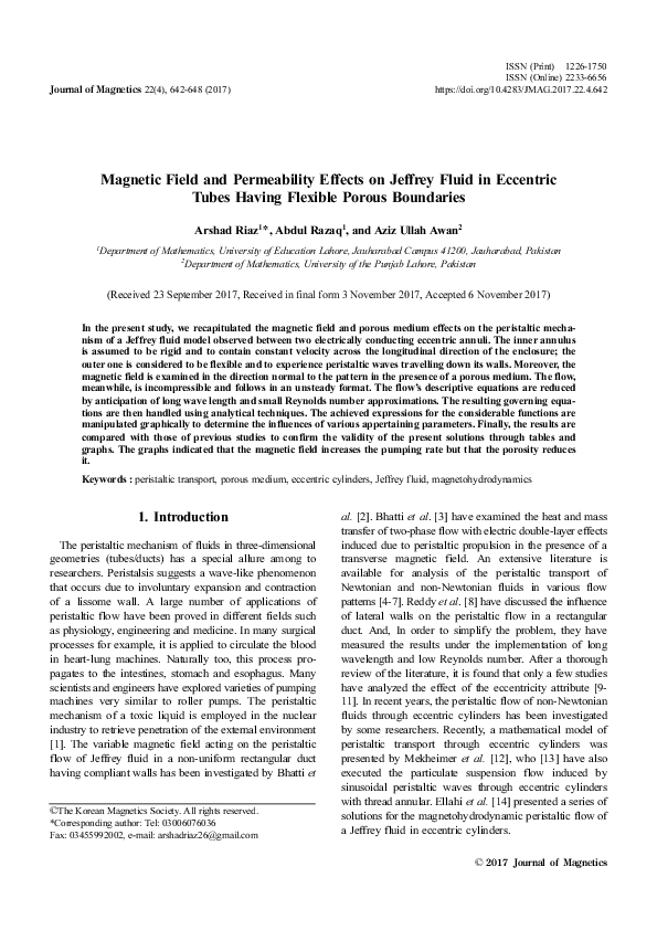 (PDF) Magnetic Field and Permeability Effects on Jeffrey Fluid in ...