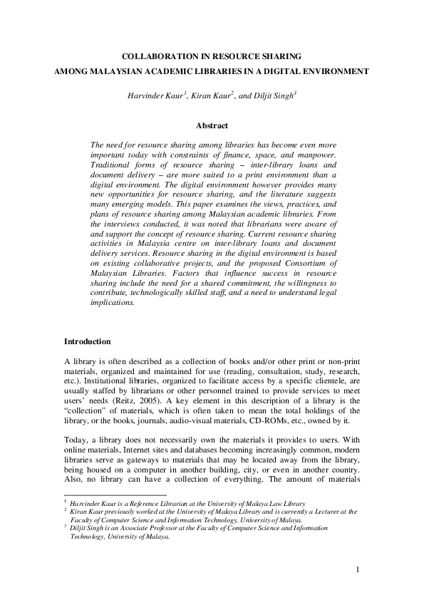 (PDF) Collaboration In Resource Sharing Among Malaysian Academic Libraries In A Digital Environment
