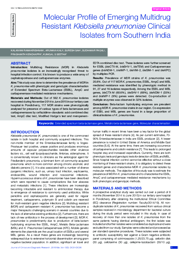 (PDF) Molecular Profile of Emerging Multidrug Resistant Klebsiella ...