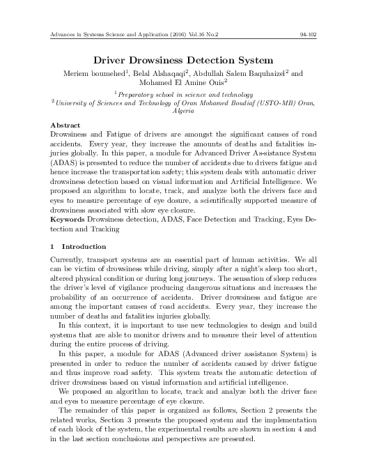 (PDF) Driver drowsiness detection system (PDF) Driver drowsiness detection system