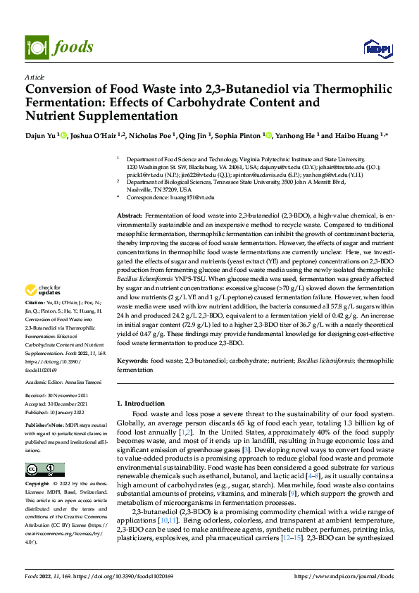 (PDF) Conversion of Food Waste into 2,3-Butanediol via Thermophilic Fermentation: Effects of ...