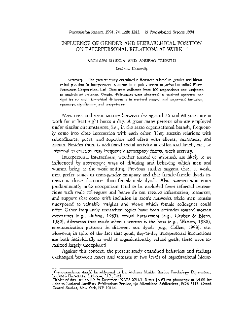 (PDF) Influence of Gender and Hierarchical Position on Interpersonal Relations at Work