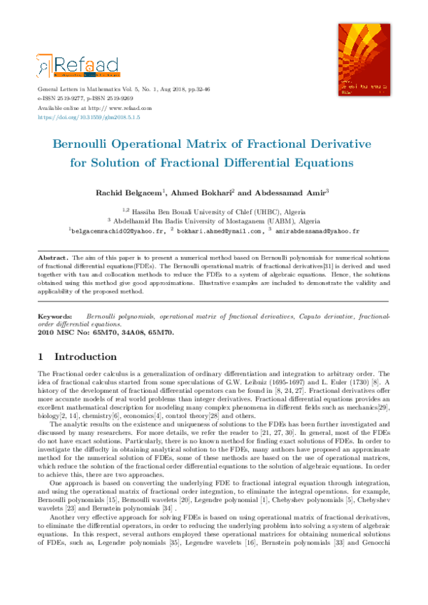 (PDF) Bernoulli Operational Matrix of Fractional Derivative for Solution of Fractional ...