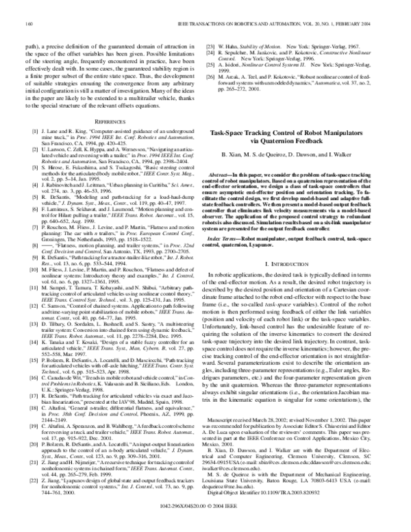 Pdf Task Space Tracking Control Of Robot Manipulators Via Quaternion