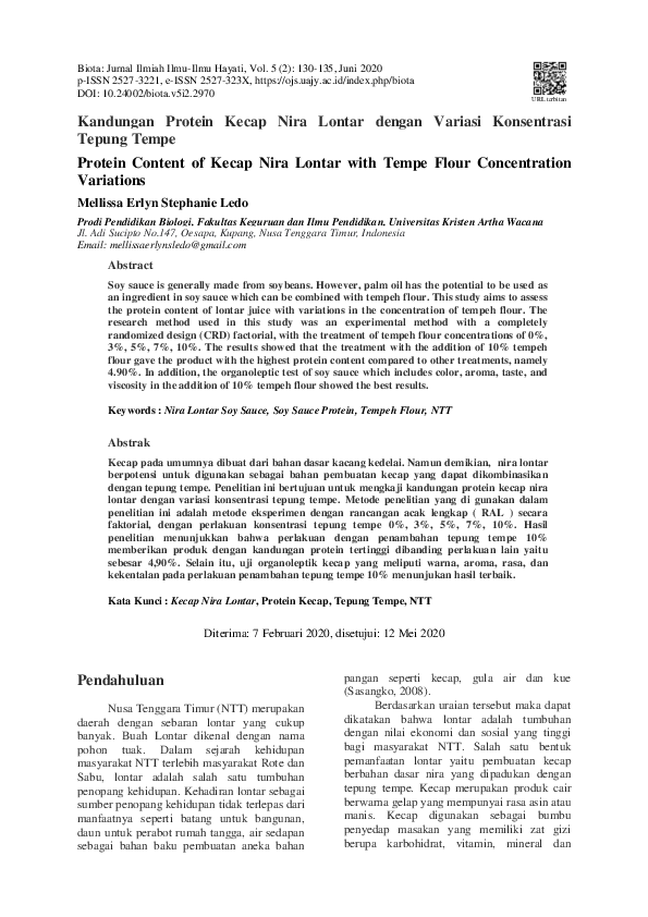 (PDF) Kandungan Protein Kecap Nira Lontar dengan Variasi Konsentrasi Tepung Tempe