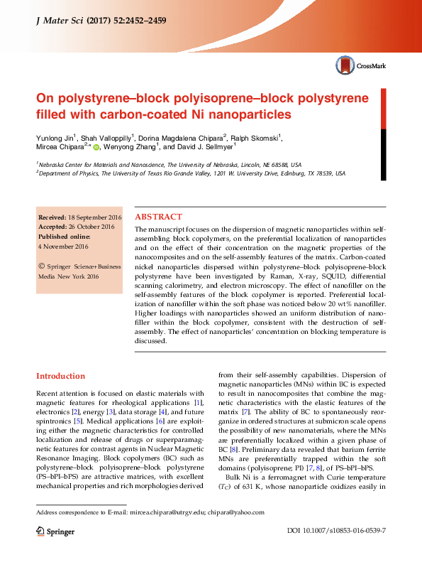 (PDF) On polystyrene–block polyisoprene–block polystyrene filled with carbon-coated Ni nanoparticles