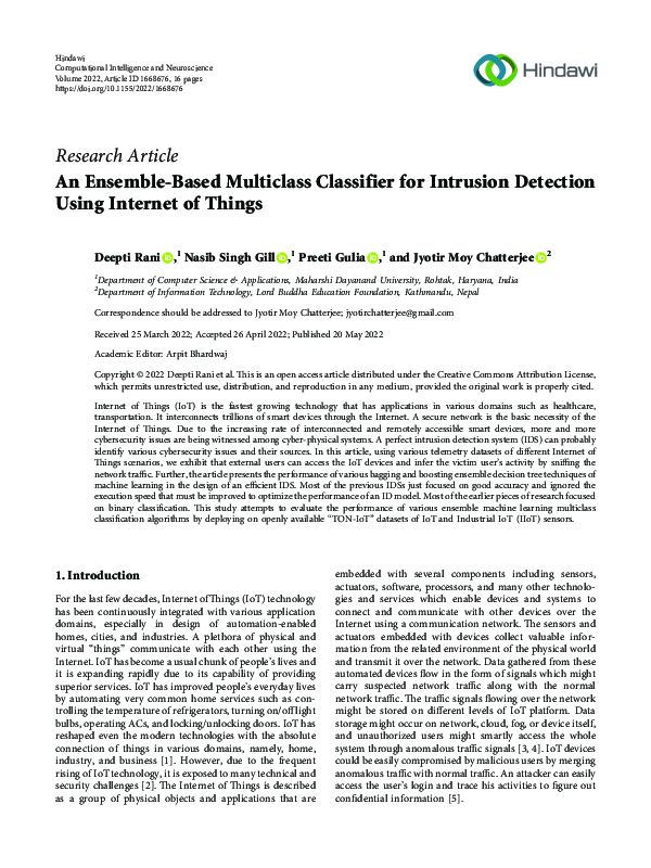 Pdf An Ensemble Based Multiclass Classifier For Intrusion Detection Using Internet Of Things 2705