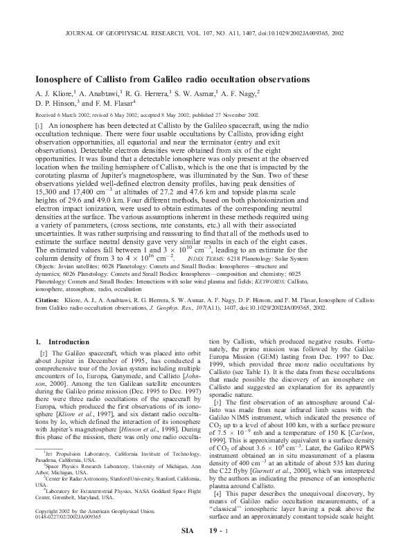 (PDF) Ionosphere of Callisto from Galileo radio occultation observations