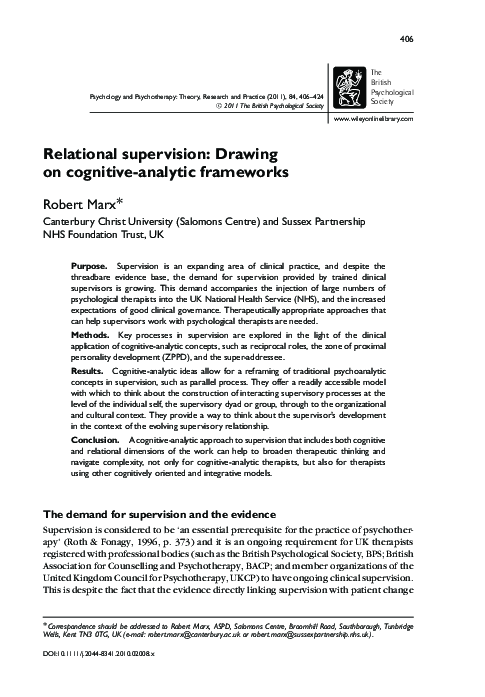 (PDF) Relational supervision: Drawing on cognitive-analytic frameworks