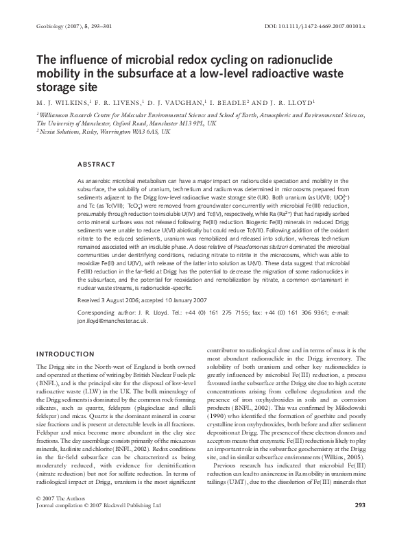 (PDF) The influence of microbial redox cycling on radionuclide mobility ...