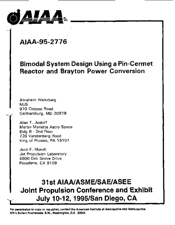 Pdf Bimodal System Design Using A Pin Cermet Reactor And Brayton Power Conversion
