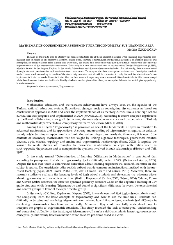 (PDF) Mathematics Course Needs Assessment for Trigonometry Sub-Learning ...