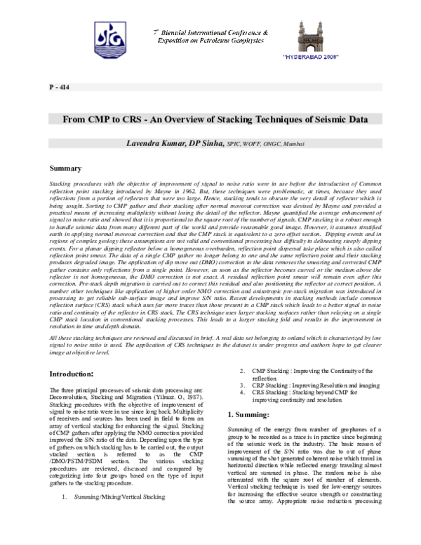 (PDF) From CMP to CRS-An Overview of Stacking Techniques of Seismic Data