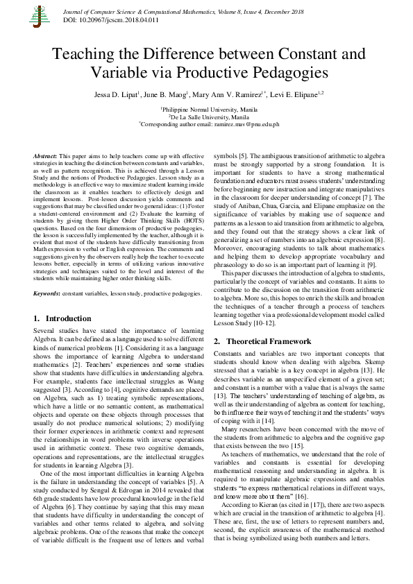 (PDF) Teaching the Difference between Constant and Variable via ...