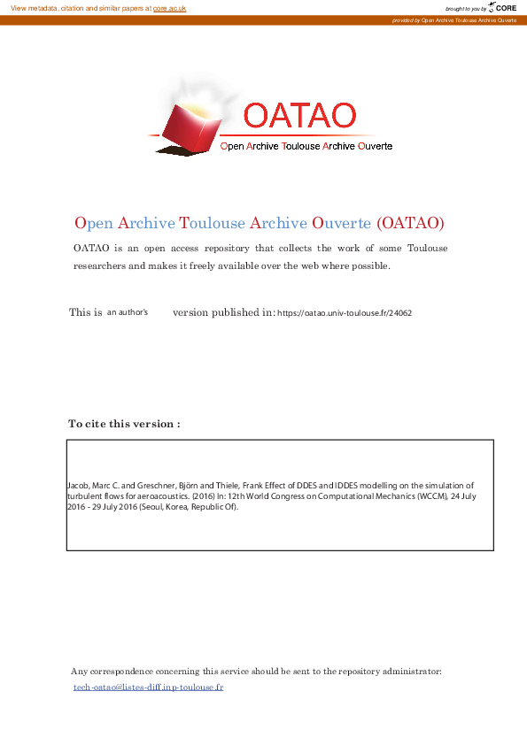 (PDF) Effect of DDES and IDDES modelling on the simulation of turbulent flows for aeroacoustics