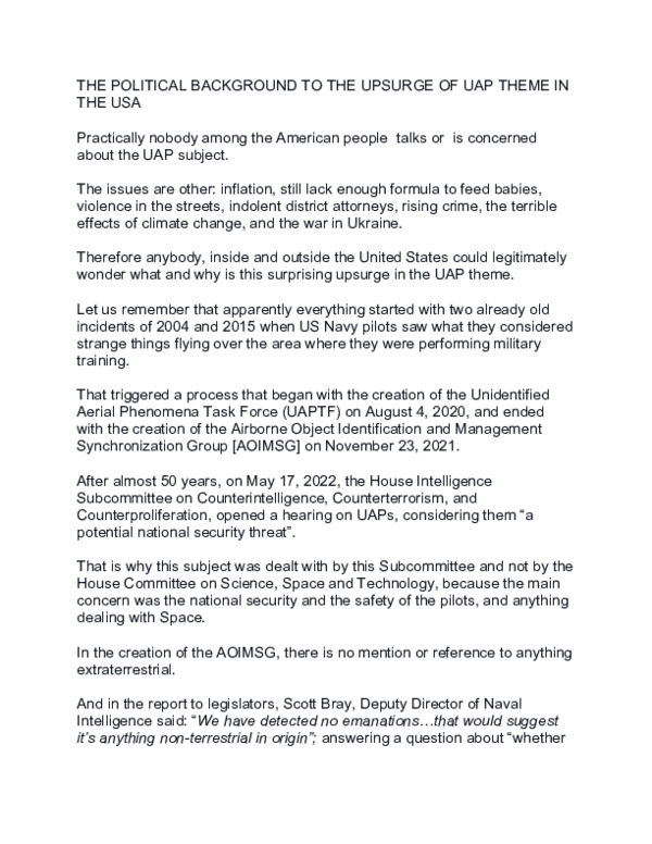(DOC) THE POLITICAL BACKGROUND TO THE UPSURGE OF UAP IN THE USA