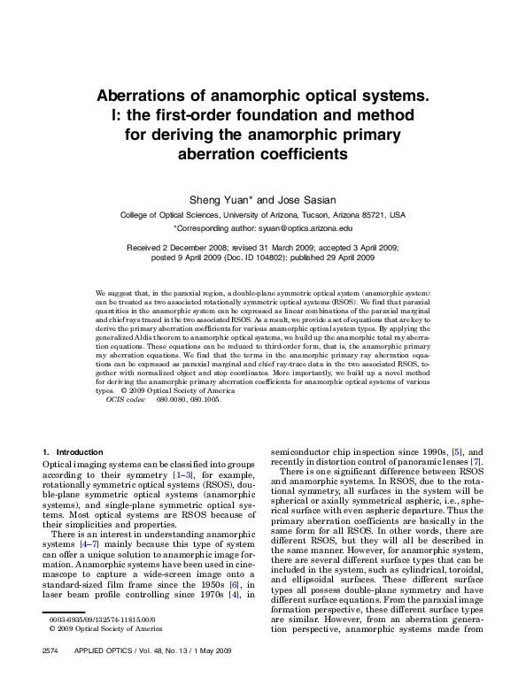 (PDF) Aberrations of anamorphic optical systems I: the first-order ...