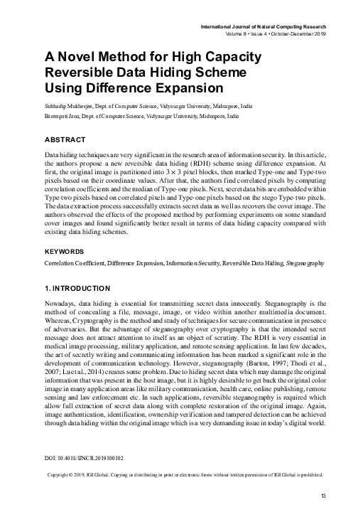 Pdf A Novel Method For High Capacity Reversible Data Hiding Scheme