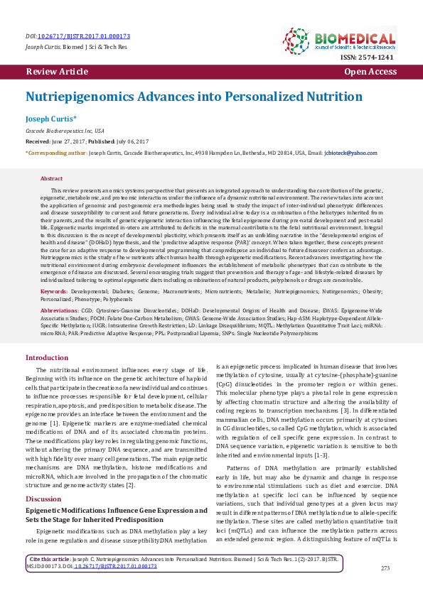 (PDF) Nutriepigenomics Advances into Personalized Nutrition