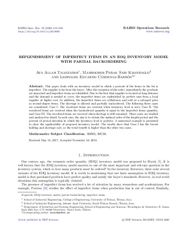 Pdf Replenishment Of Imperfect Items In An Eoq Inventory Model With Partial Backordering