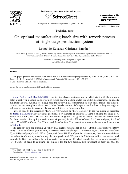 (PDF) On optimal manufacturing batch size with rework process at single-stage production system