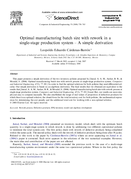 (PDF) Optimal manufacturing batch size with rework in a single-stage ...