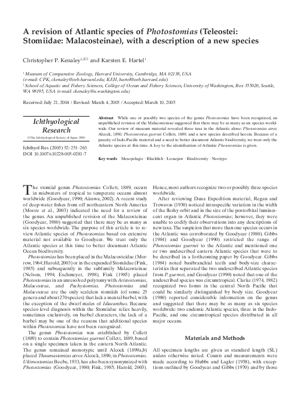(PDF) A revision of Atlantic species of Photostomias (Teleostei ...