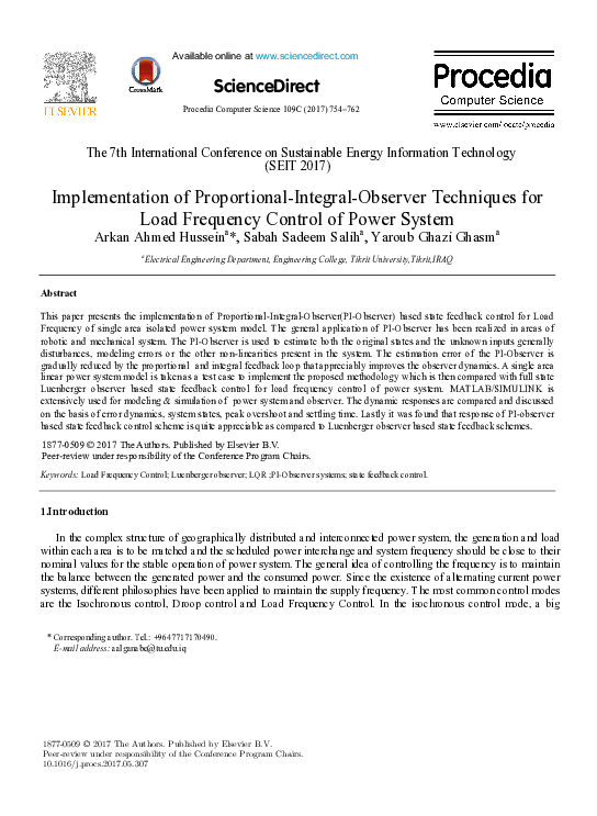 (PDF) Implementation of Proportional-Integral-Observer Techniques for Load Frequency Control of ...