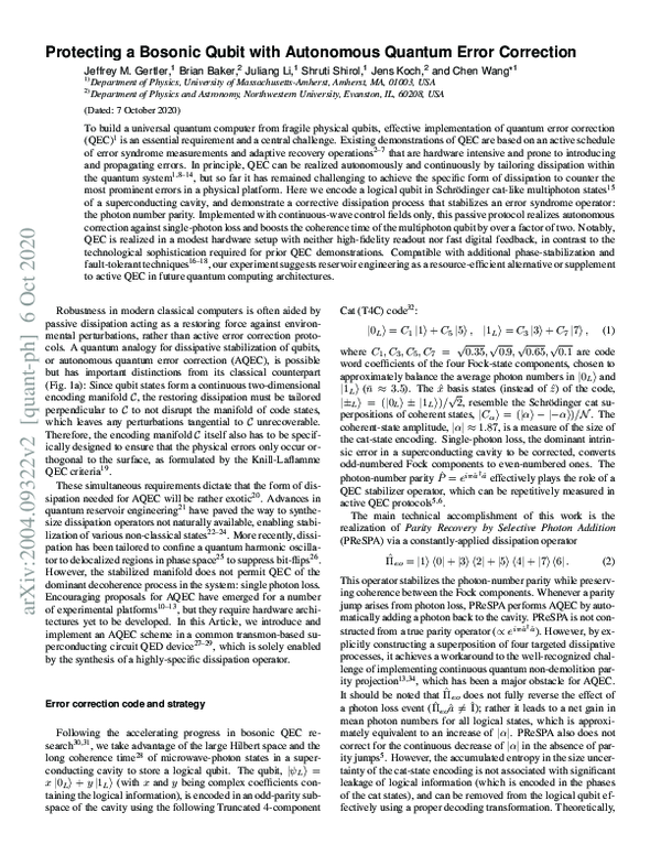 Pdf Protecting A Bosonic Qubit With Autonomous Quantum Error Correction