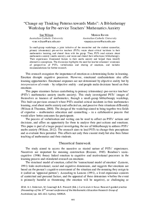 (PDF) “Change my thinking patterns towards maths”: A Bibliotherapy ...