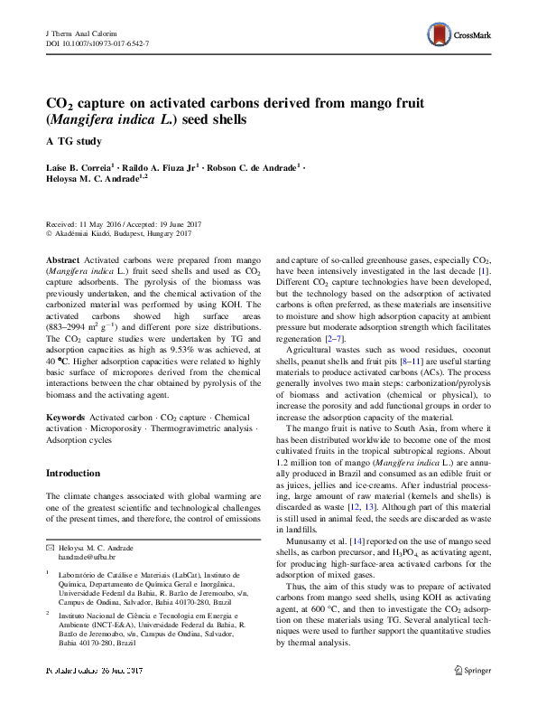 (PDF) CO2 capture on activated carbons derived from mango fruit ...