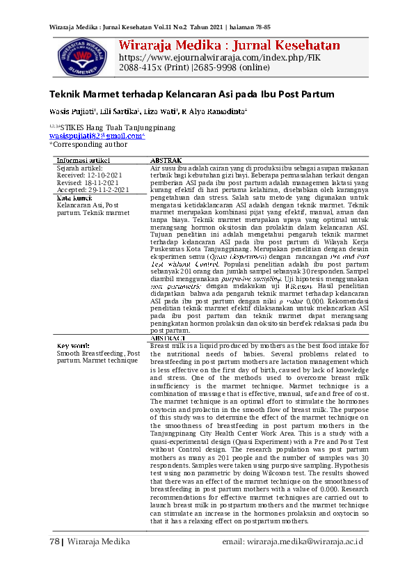 (PDF) Teknik Marmet terhadap Kelancaran Asi pada Ibu Post Partum | Liza ...