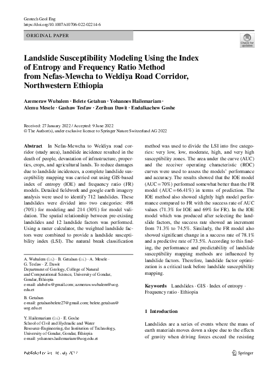 (PDF) Landslide Susceptibility Modeling Using the Index of Entropy and Frequency Ratio Method ...