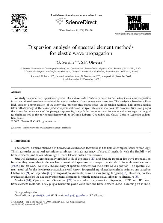 (PDF) Dispersion analysis of spectral element methods for elastic wave propagation
