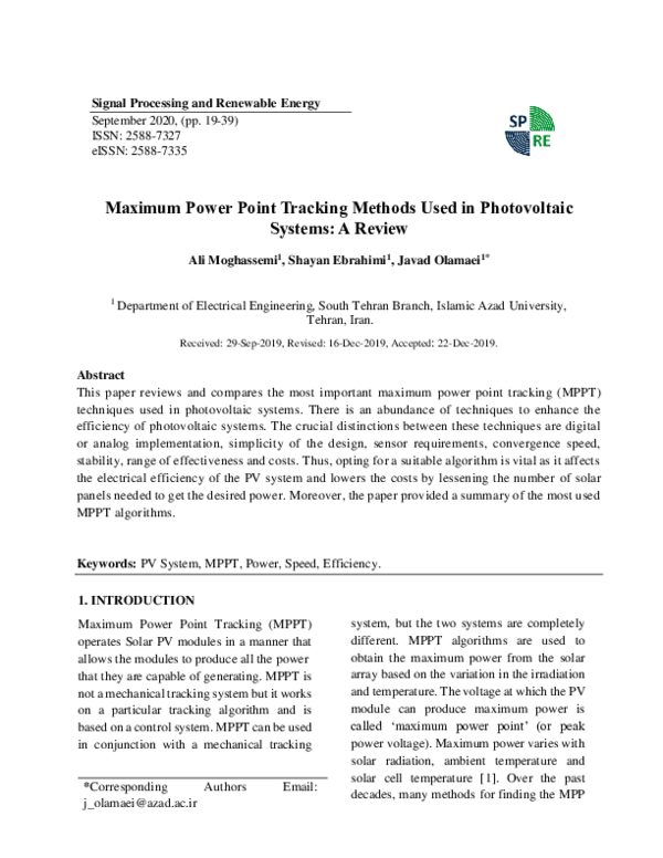 Pdf Maximum Power Point Tracking Methods Used In Photovoltaic Systems A Review Ali