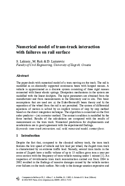 (PDF) Numerical model of the tram-track interaction with and without irregularity on rail ...