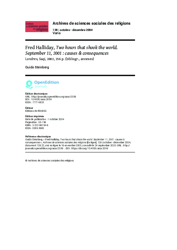 (PDF) Fred Halliday, Two hours that shook the world. September 11, 2001 ...