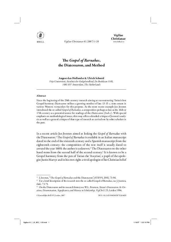 (PDF) The Gospel of Barnabas , the Diatessaron, and Method