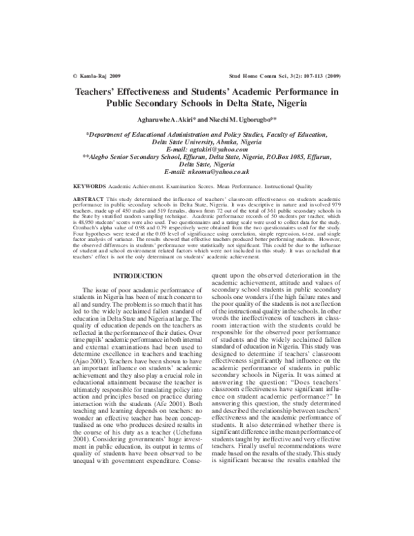 (PDF) Teachers’ Effectiveness and Students’ Academic Performance in Public Secondary Schools in ...