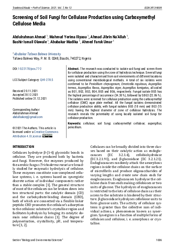 (PDF) Screening of Soil Fungi for Cellulase Production using ...