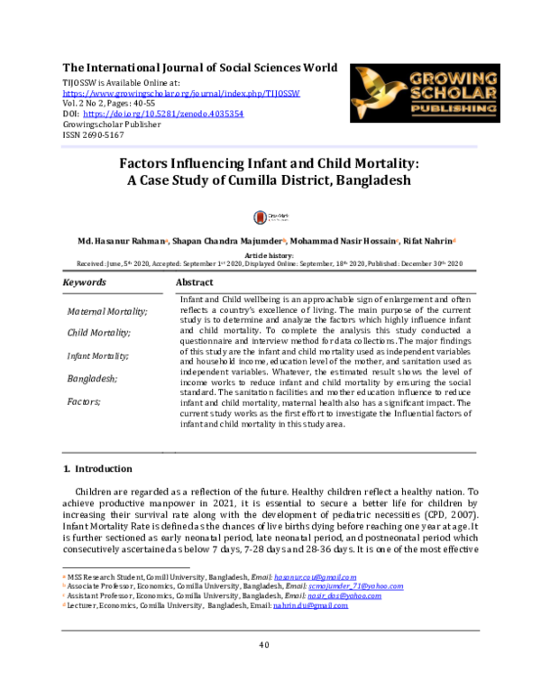 (PDF) Factors Influencing Infant and Child Mortality: A Case Study of ...