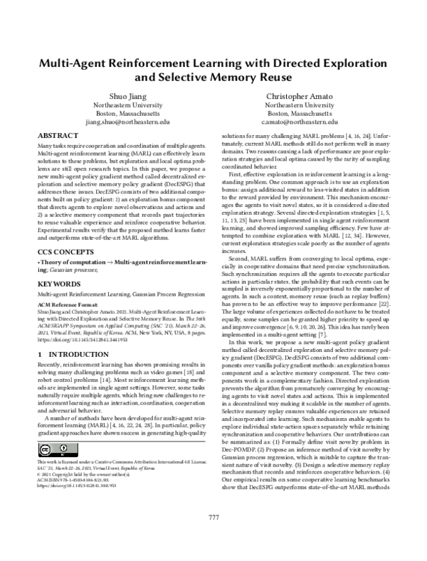 Pdf Multi Agent Reinforcement Learning With Directed Exploration And Selective Memory Reuse