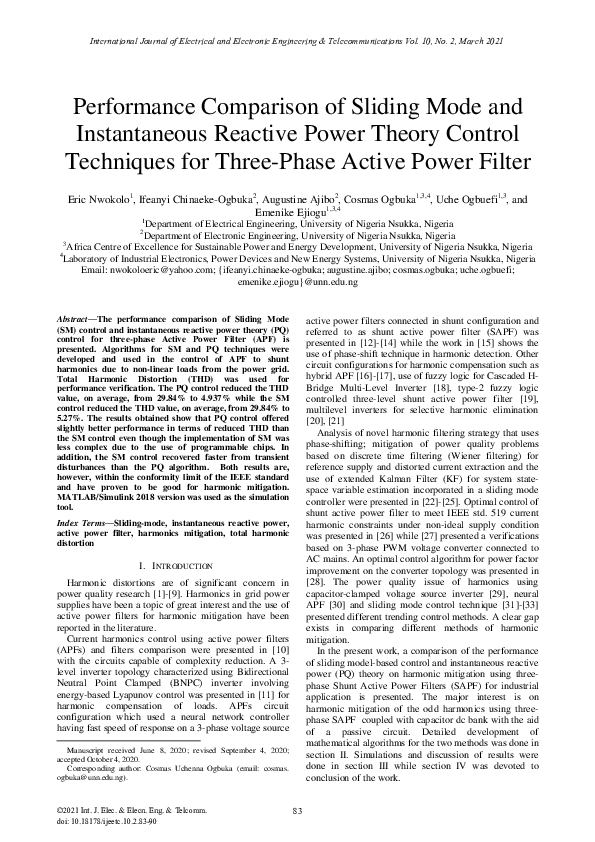 Pdf Performance Comparison Of Sliding Mode And Instantaneous Reactive Power Theory Control