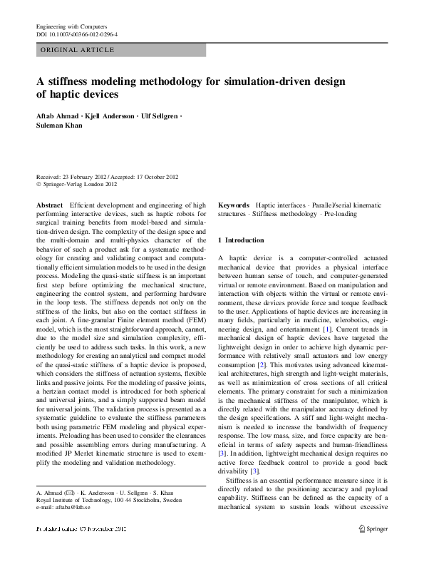 Pdf A Stiffness Modeling Methodology For Simulation Driven Design Of