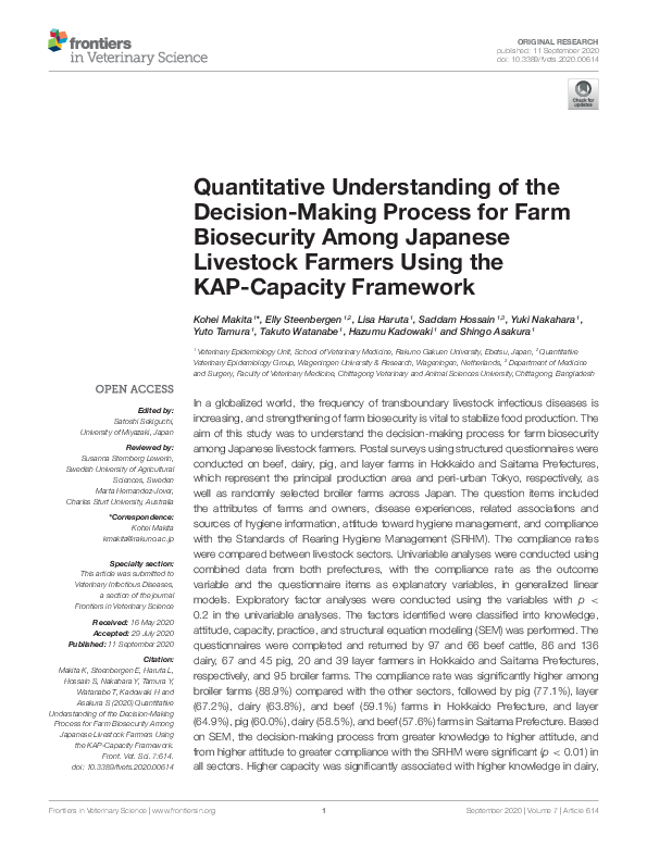 (PDF) Quantitative Understanding of the Decision-Making Process for Farm Biosecurity Among ...