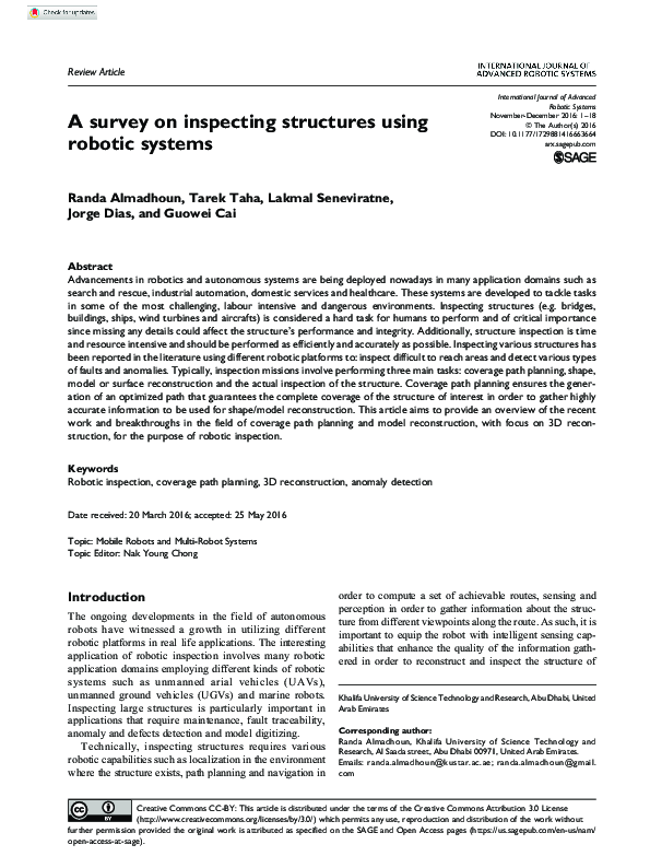 (PDF) A survey on inspecting structures using robotic systems