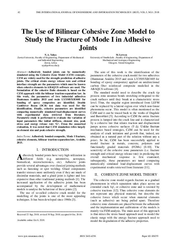 (PDF) The Use of Bilinear Cohesive Zone Model to Study the Fracture of Mode I in Adhesive Joints